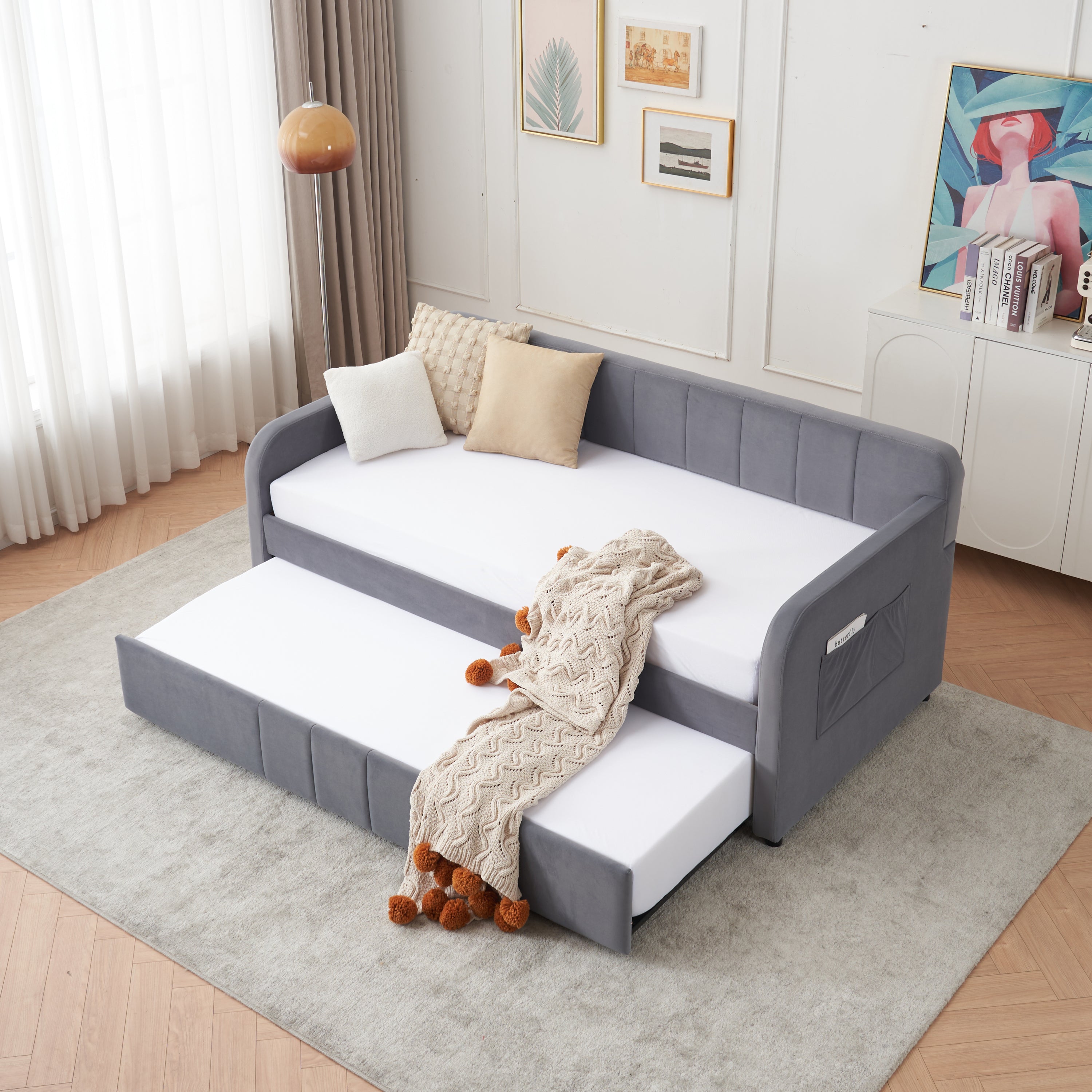 Twin Upholstered Daybed Frame with Trundle, Twin Size Sofa Bed for Bed ...